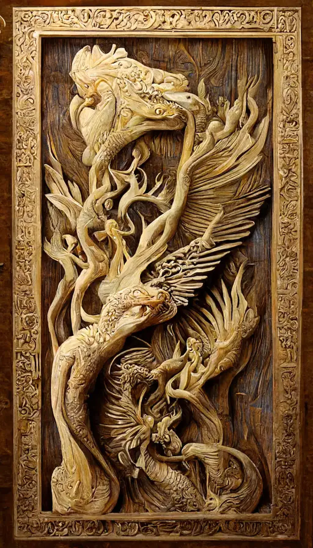 wood relief carving of dragon 【Midjourney中国】