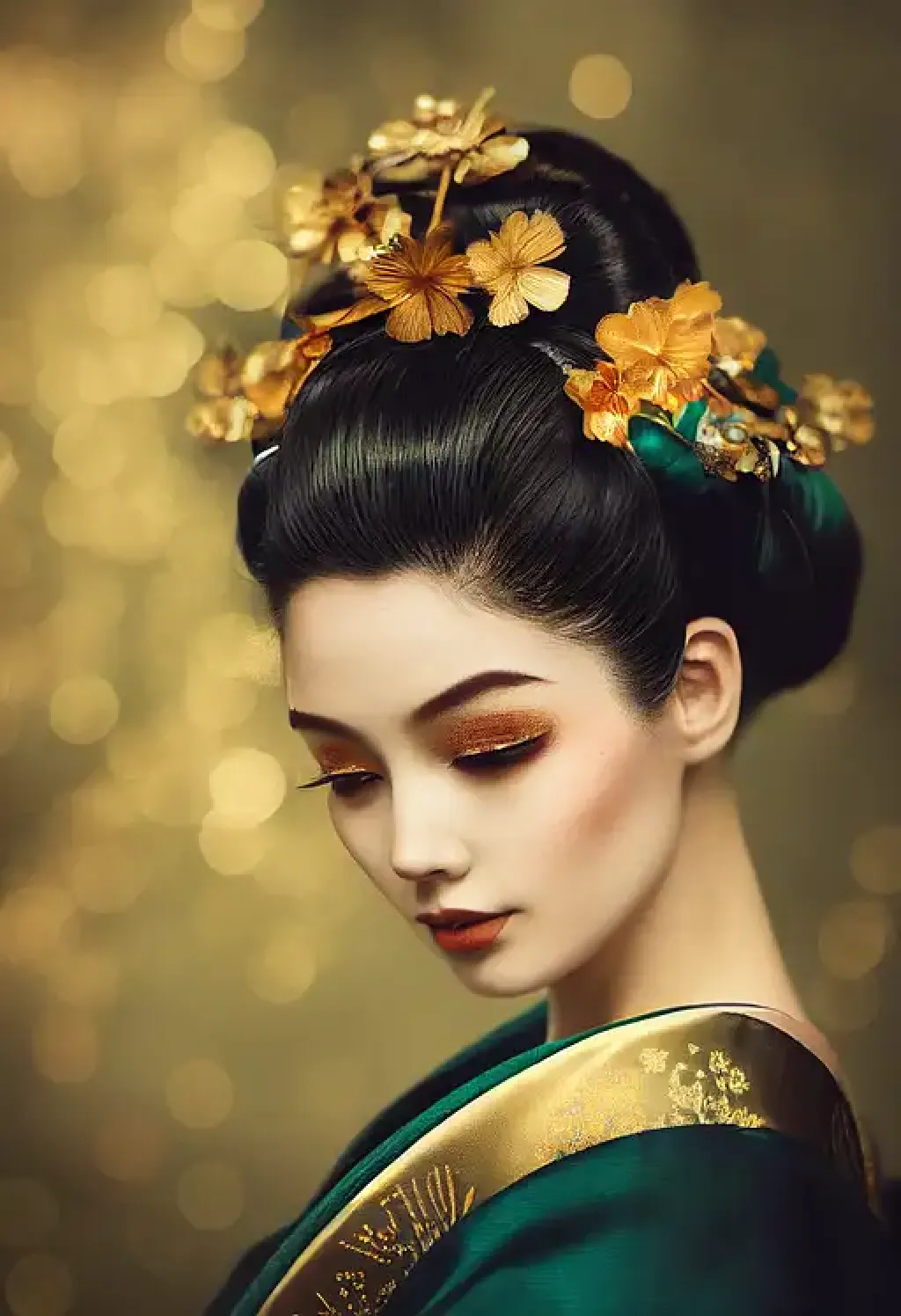 stunning geisha, dark green ki【Midjourney中国】